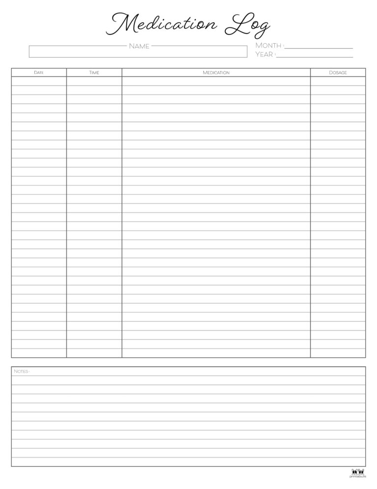 Medication Logs - 25 FREE Printables | Printabulls