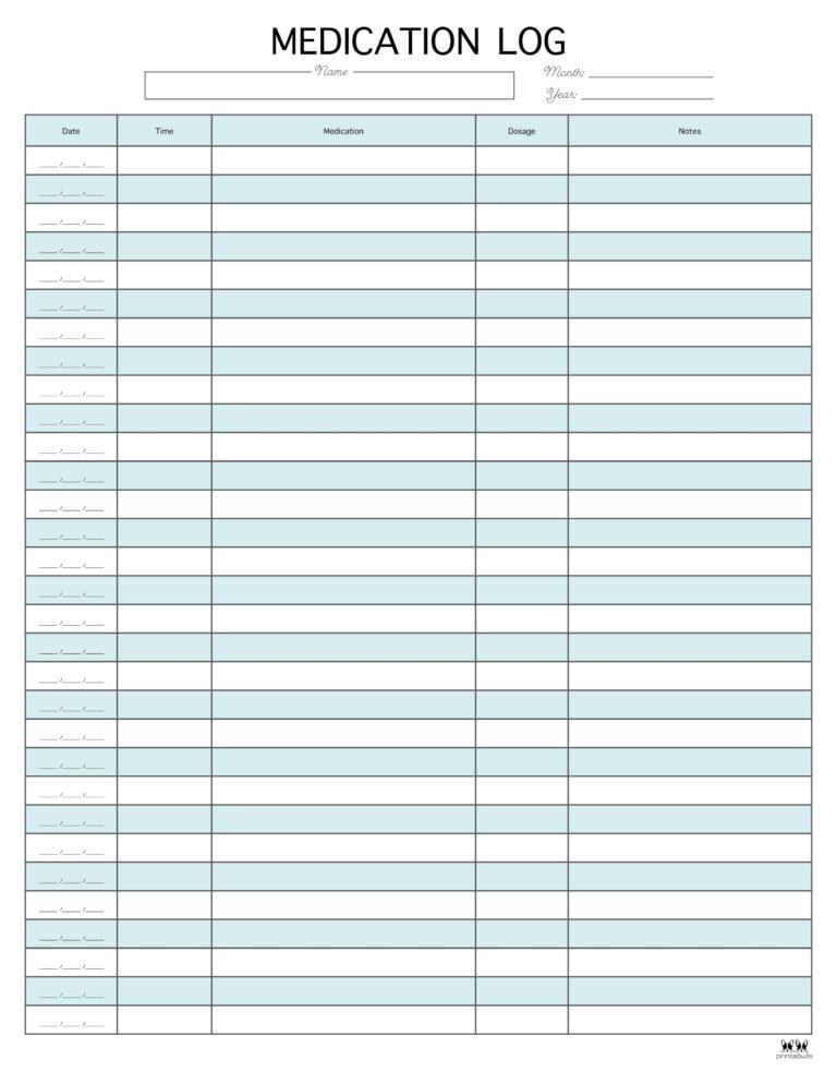 Medication Logs - 25 FREE Printables - PrintaBulk