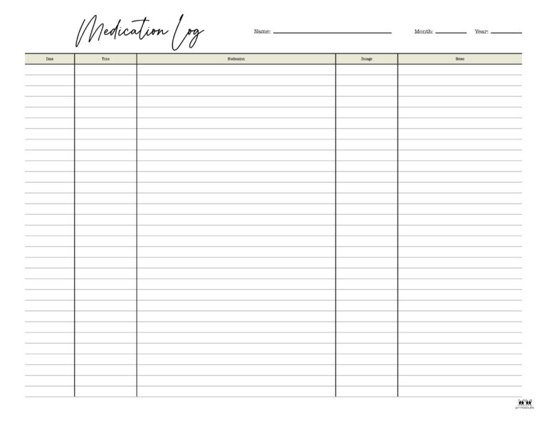 Medication Logs - 32 FREE Printables | Printabulls