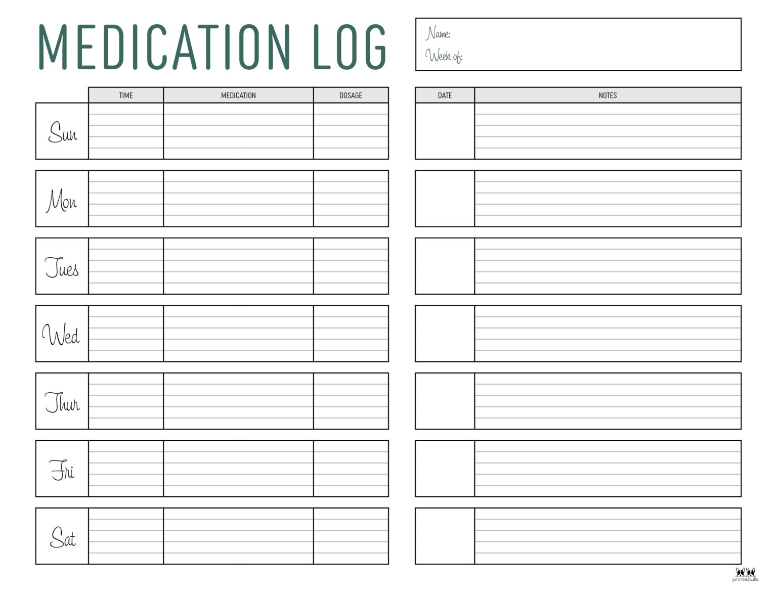 Medication Logs - 25 FREE Printables | Printabulls