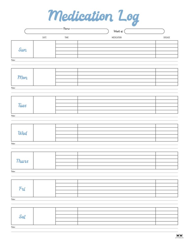 Medication Logs - 32 FREE Printables | Printabulls