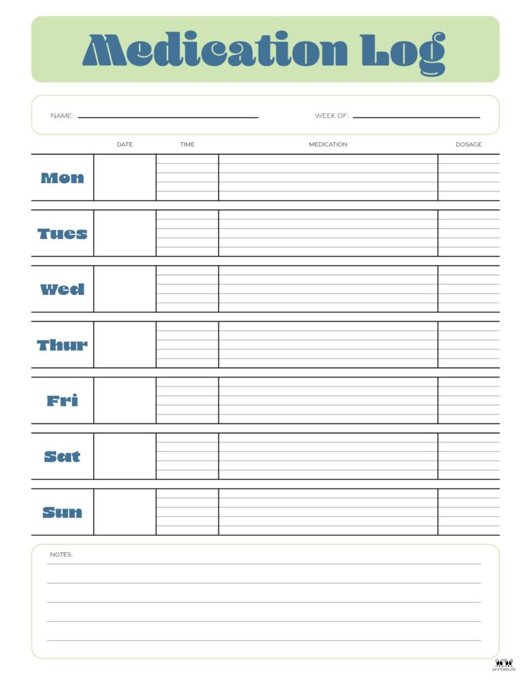 Medication Logs - 32 FREE Printables | Printabulls
