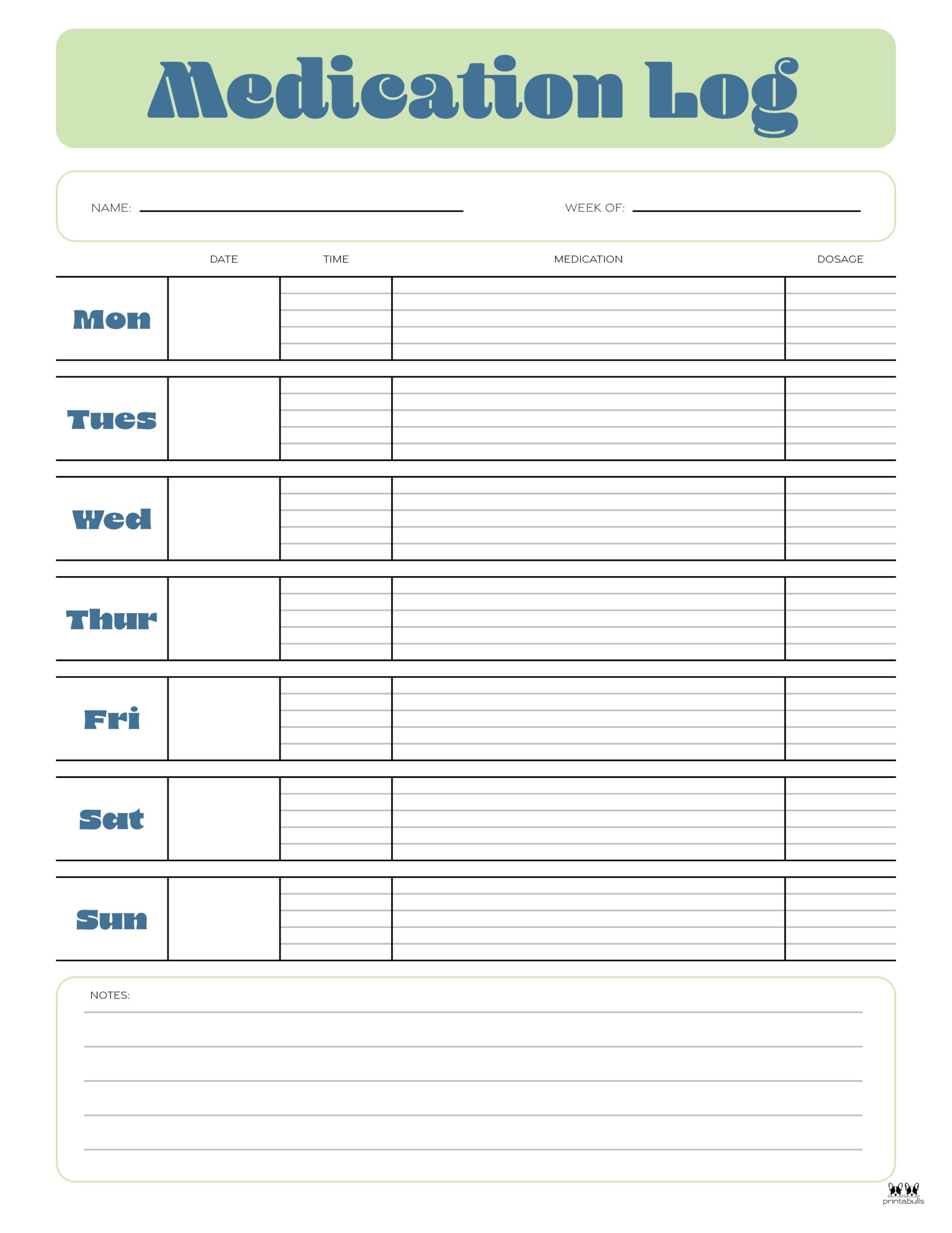 Medication Logs - 25 FREE Printables | Printabulls