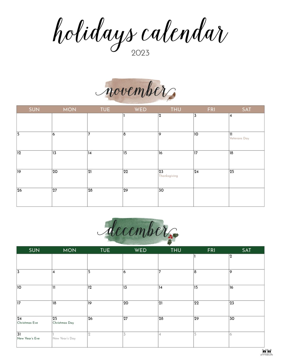 November December 2023 Calendars - 12 Printables | Printabulls