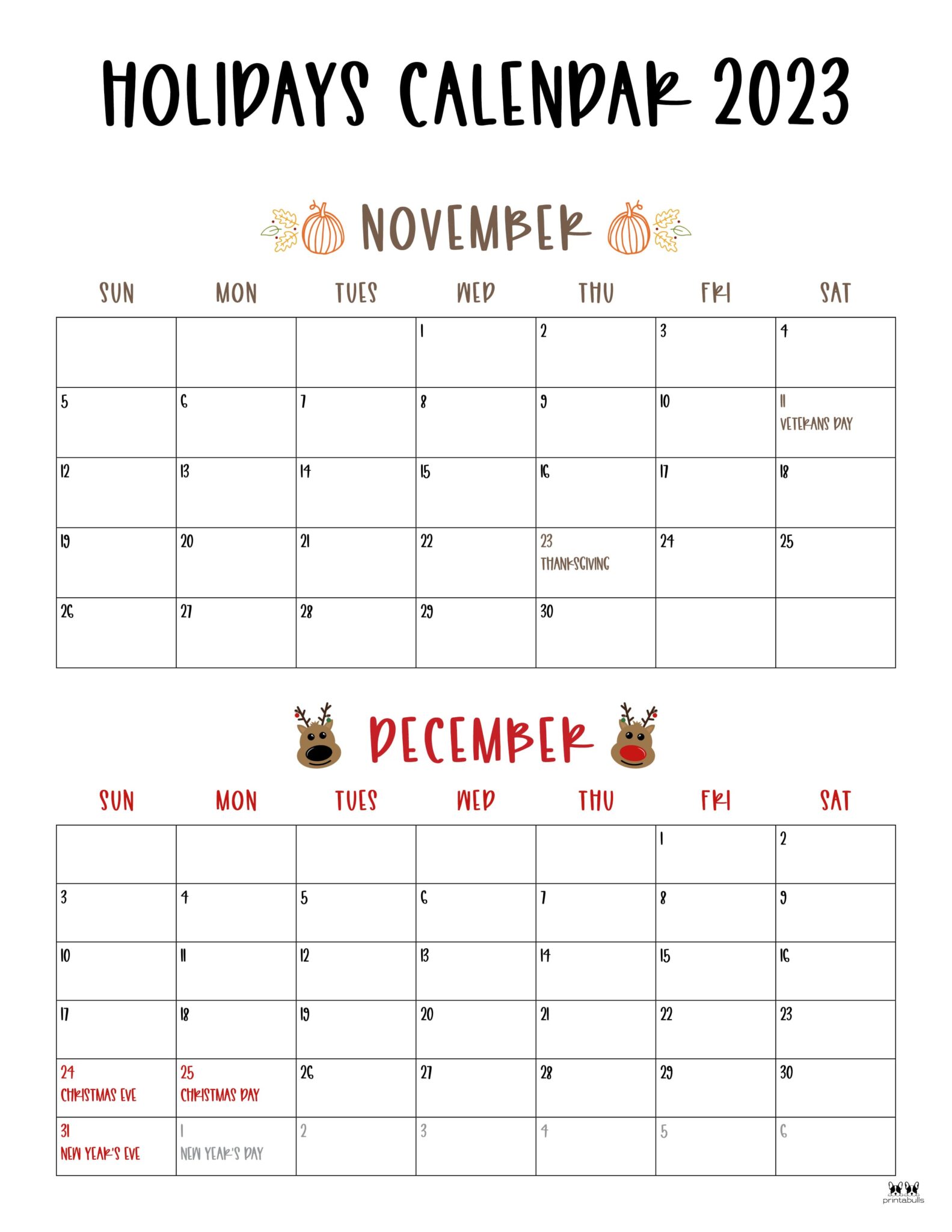 November December 2023 Calendars - 12 Printables | Printabulls