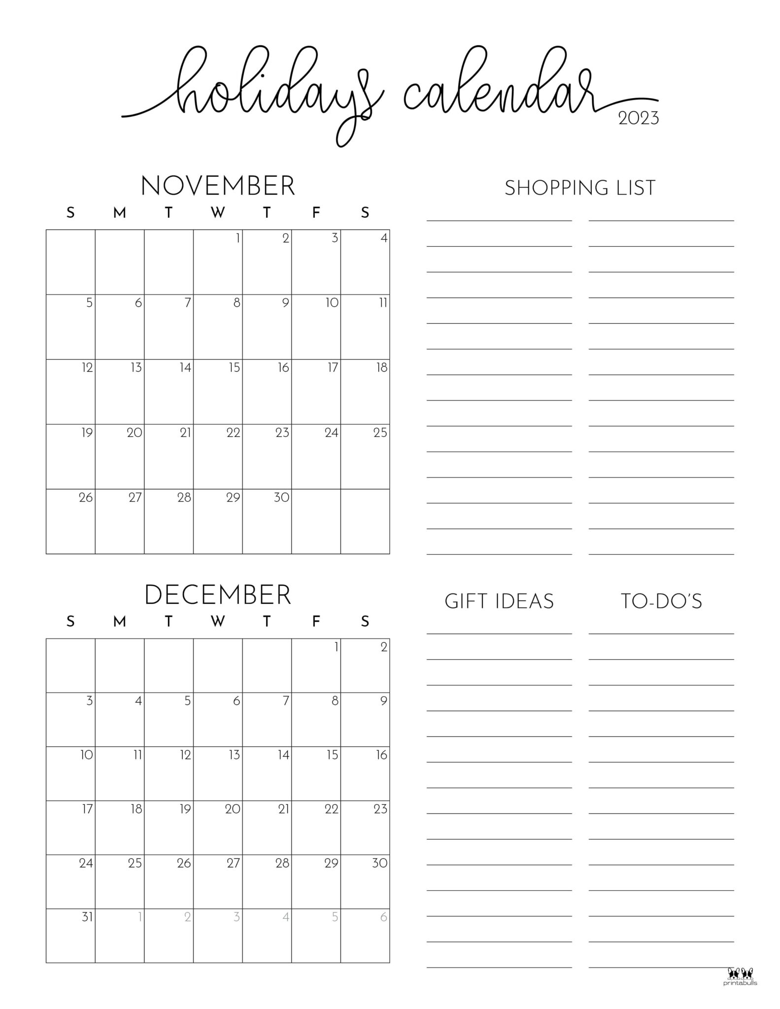 November December 2023 Calendars - 12 Printables | Printabulls