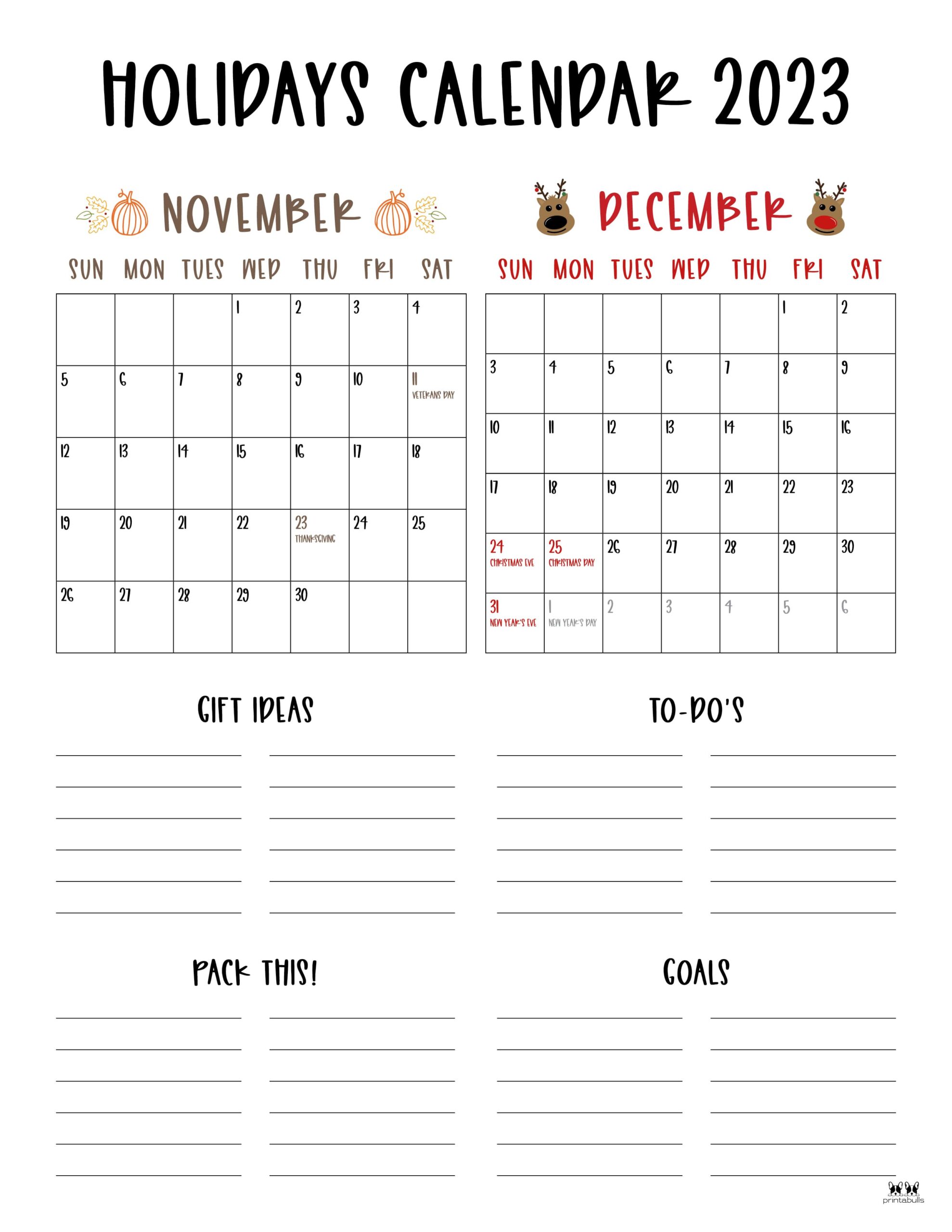 November December 2023 Calendars - 12 Printables | Printabulls