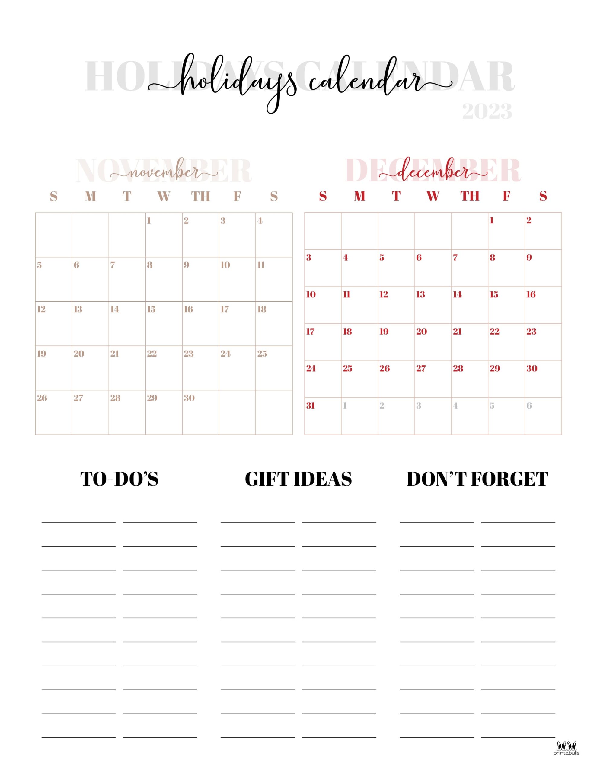 November December 2023 Calendars - 12 Printables | Printabulls