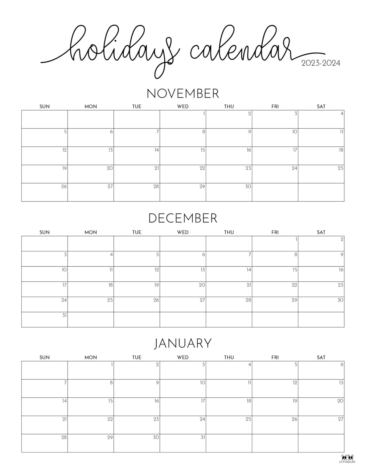 November December 2023 Calendars - 12 Printables | Printabulls