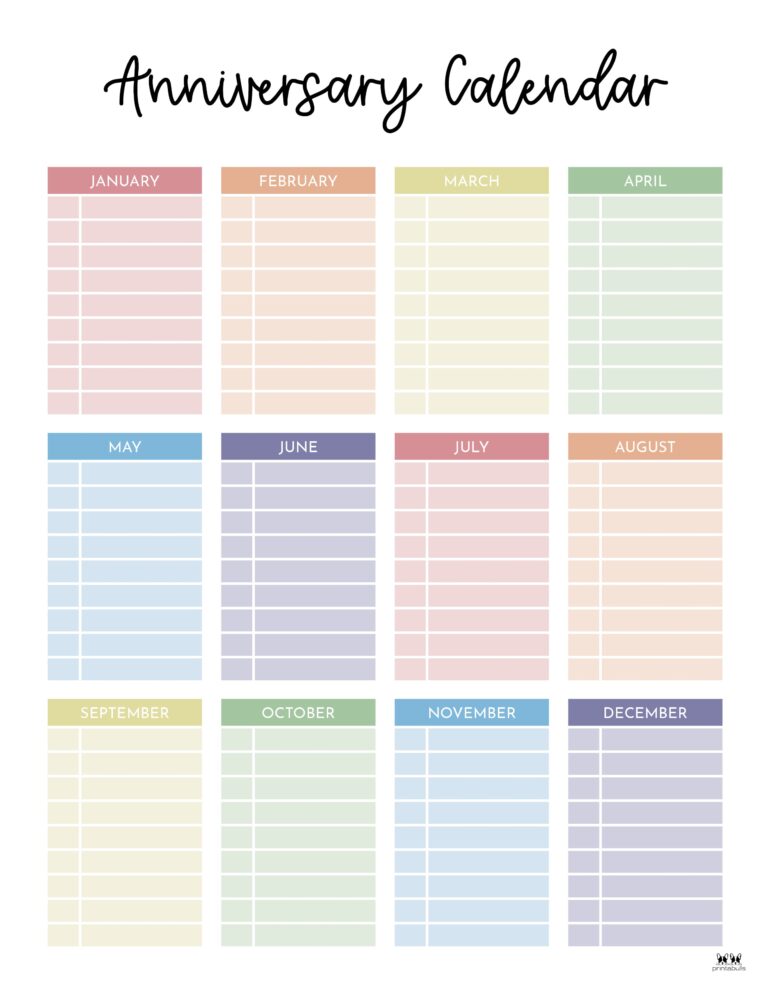 Anniversary Calendars - 8 FREE Printables | Printabulls