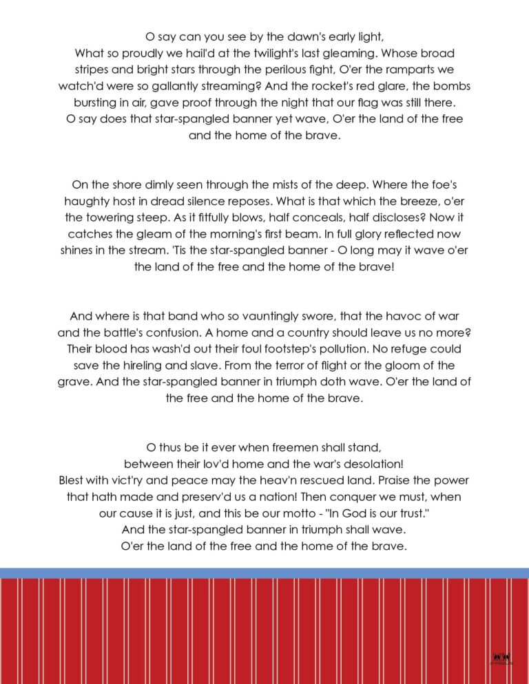 Star Spangled Banner Lyrics - 10 FREE Printables - PrintaBulk