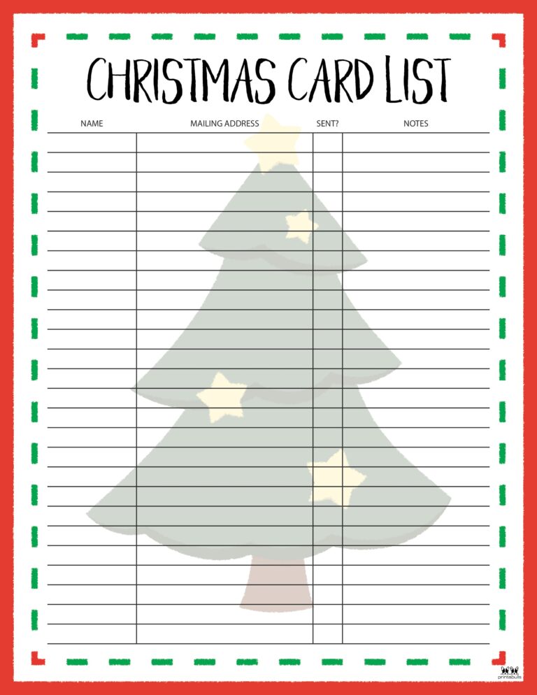 Christmas Card List Templates - 12 FREE Pages | Printabulls