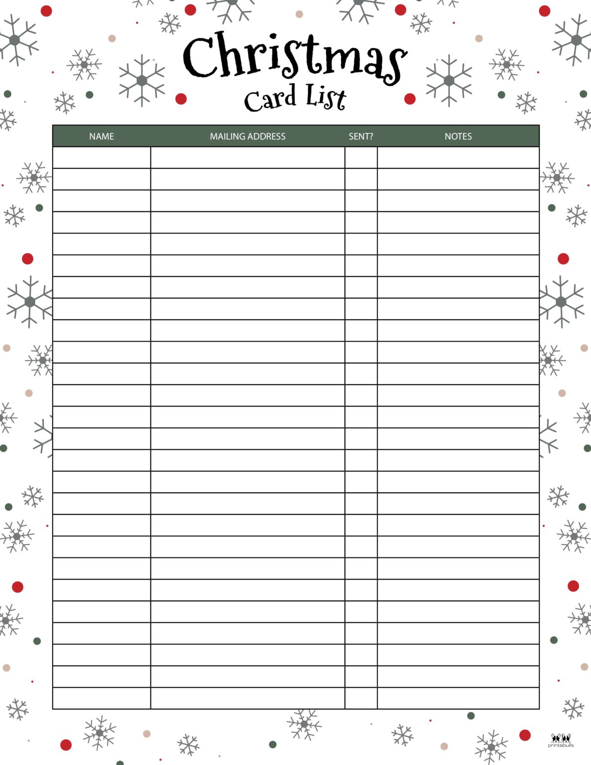 Christmas Card List Templates - 12 FREE Pages | Printabulls