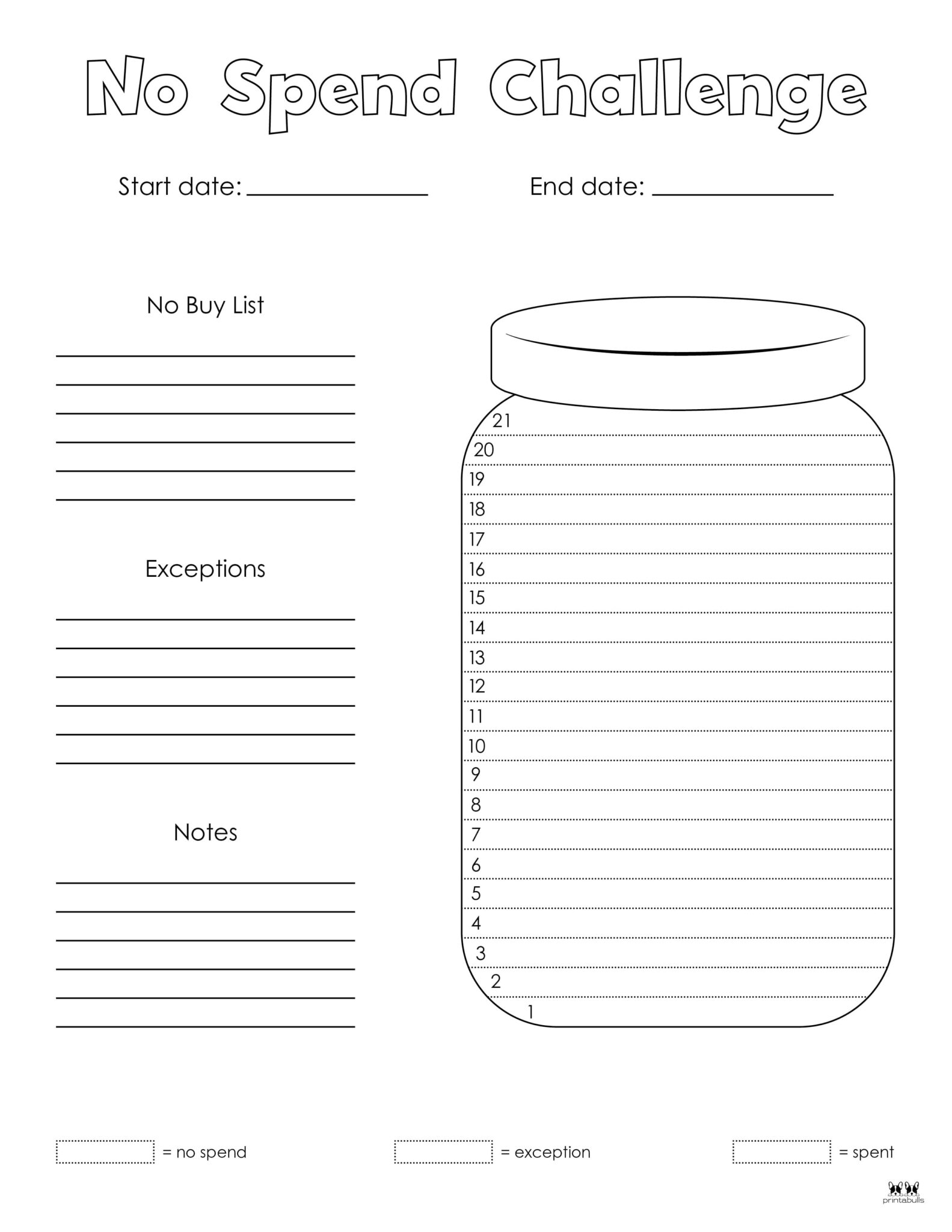 No Spend Challenge Printables | Printabulls