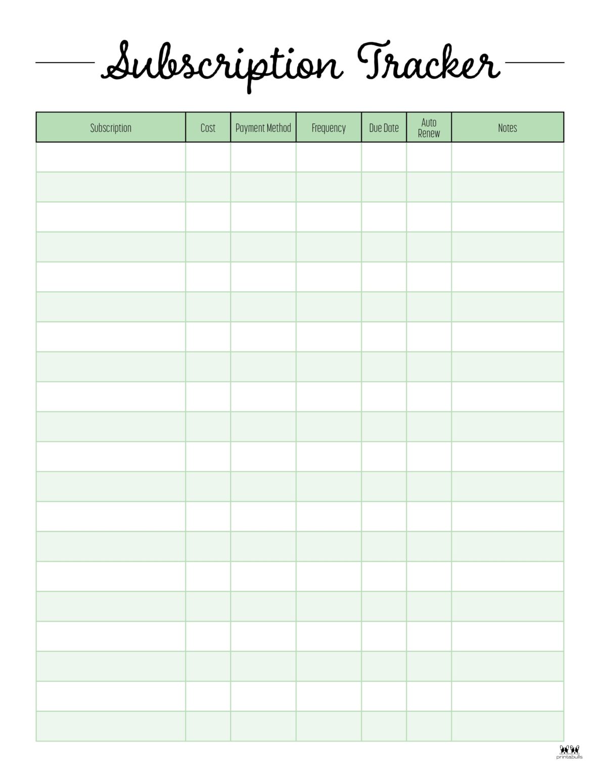 Subscription Trackers - 12 FREE Printables | Printabulls