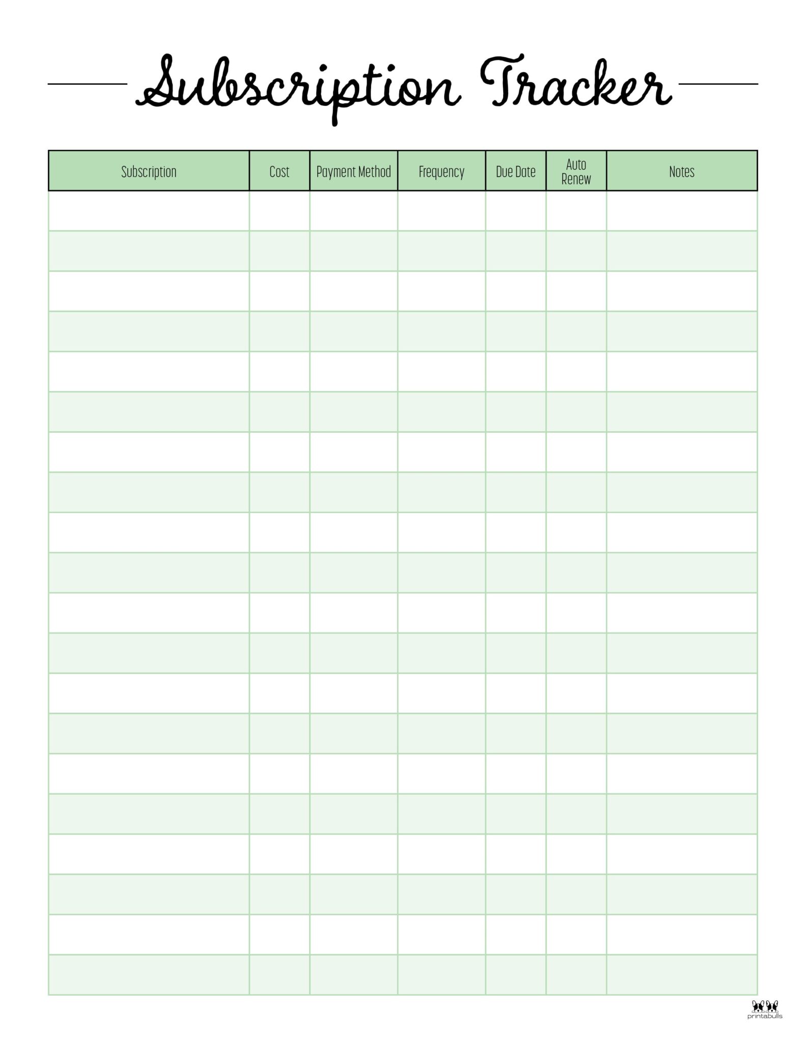Subscription Trackers - 12 FREE Printables | Printabulls