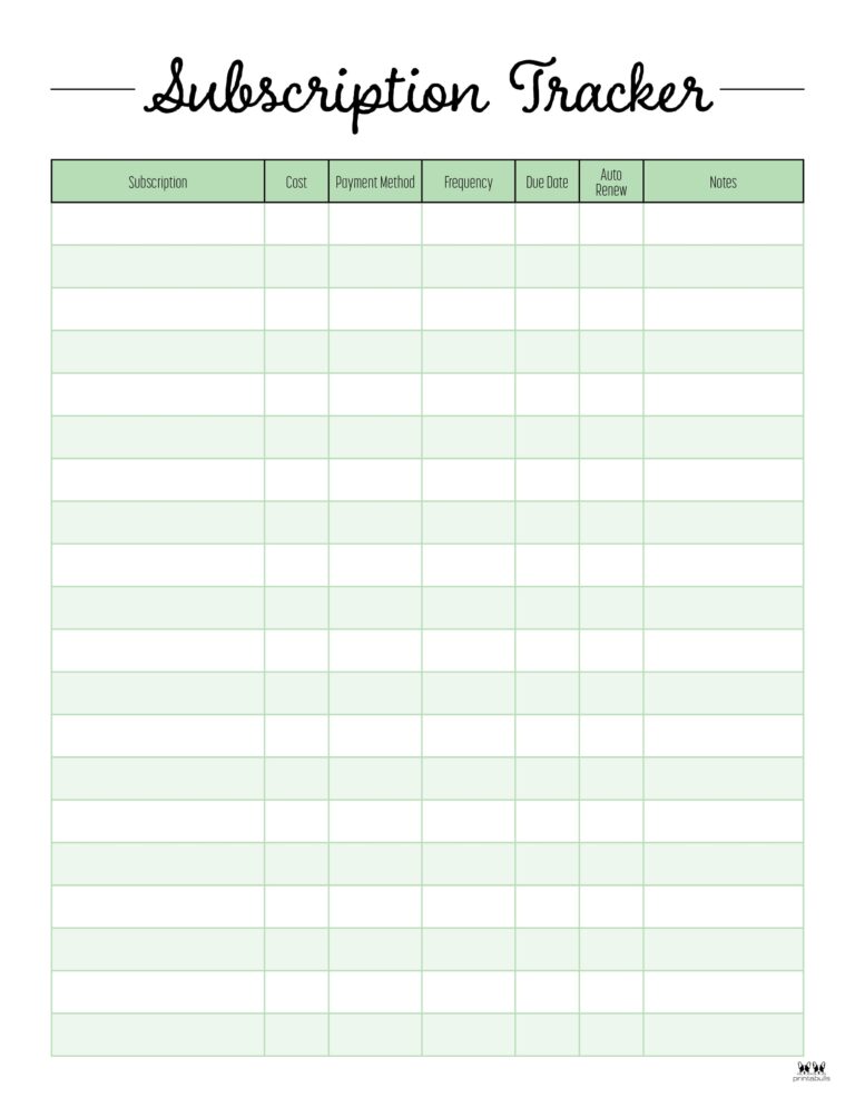 Subscription Trackers - 12 FREE Printables | Printabulls