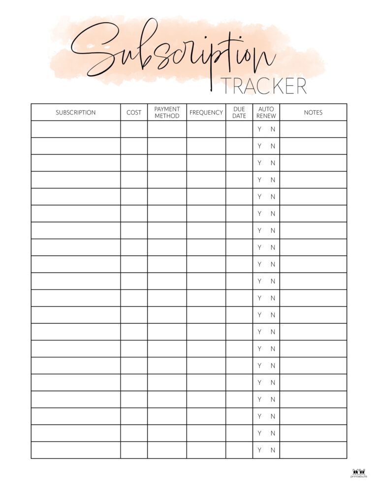 Subscription Trackers - 12 FREE Printables | Printabulls