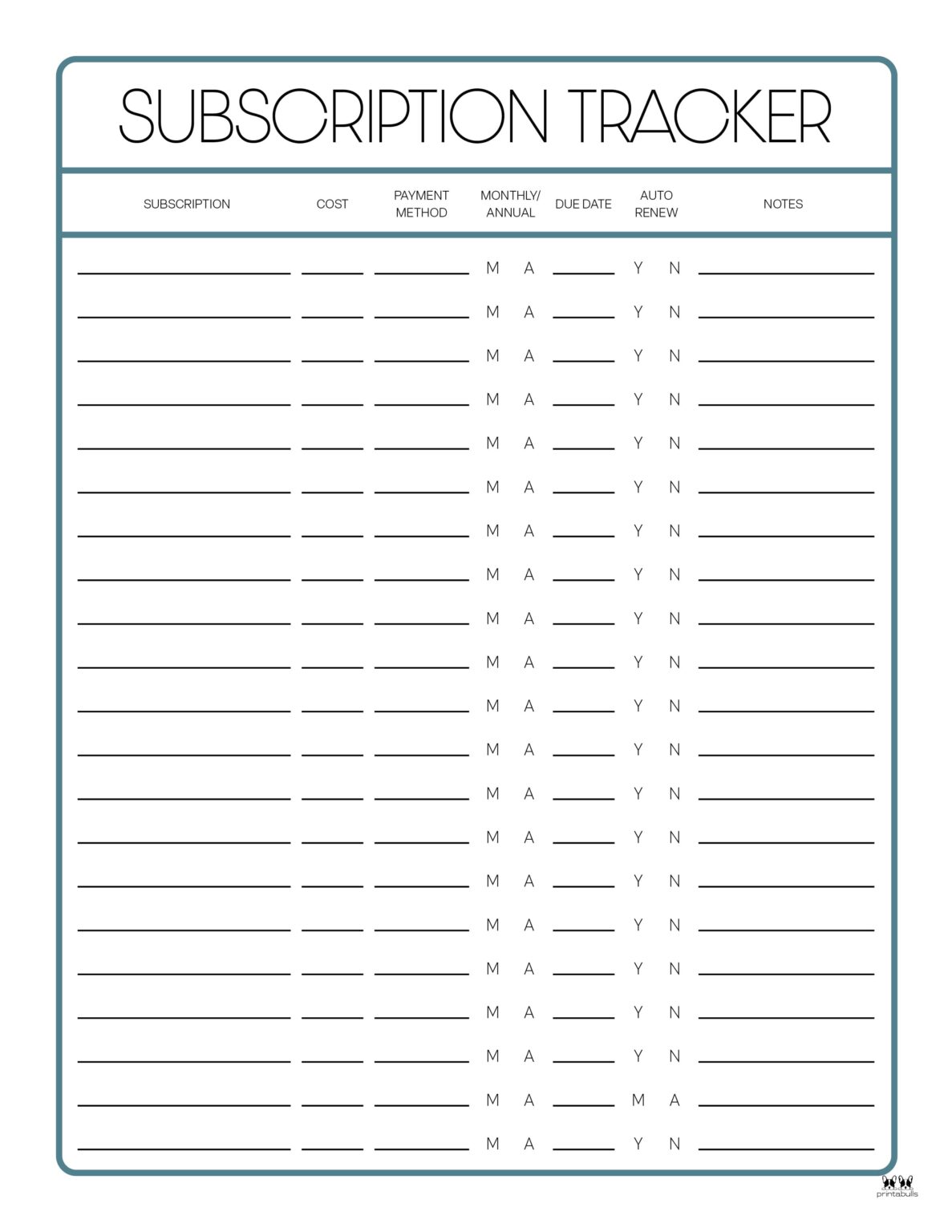 Subscription Trackers - 12 FREE Printables | Printabulls