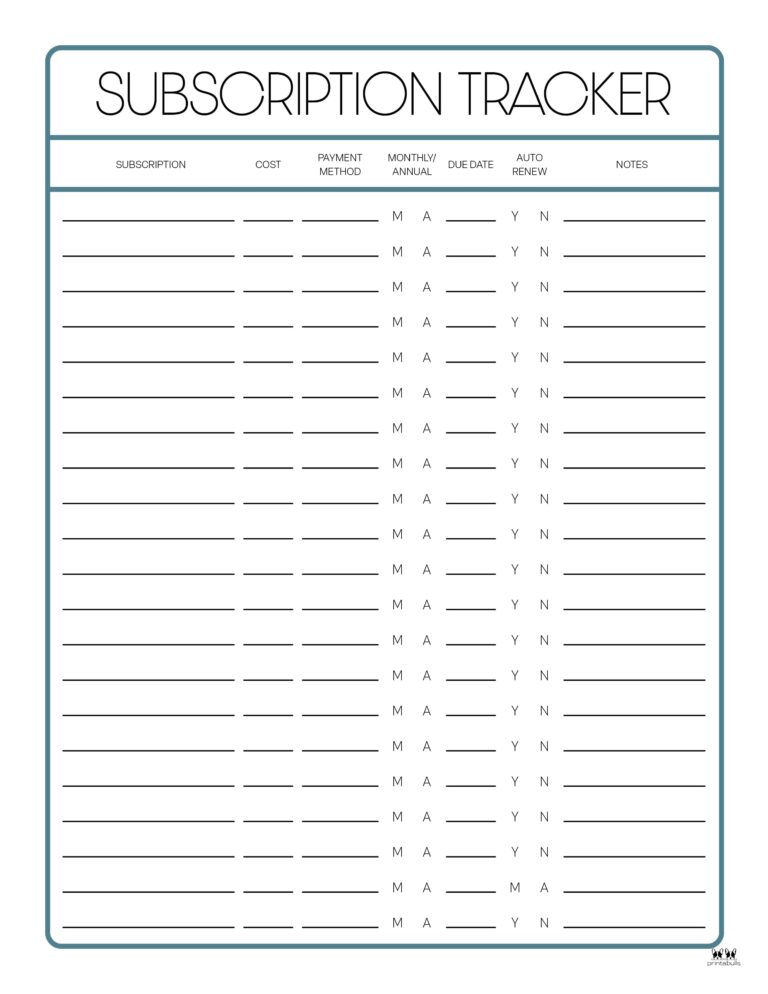Subscription Trackers - 12 FREE Printables | Printabulls