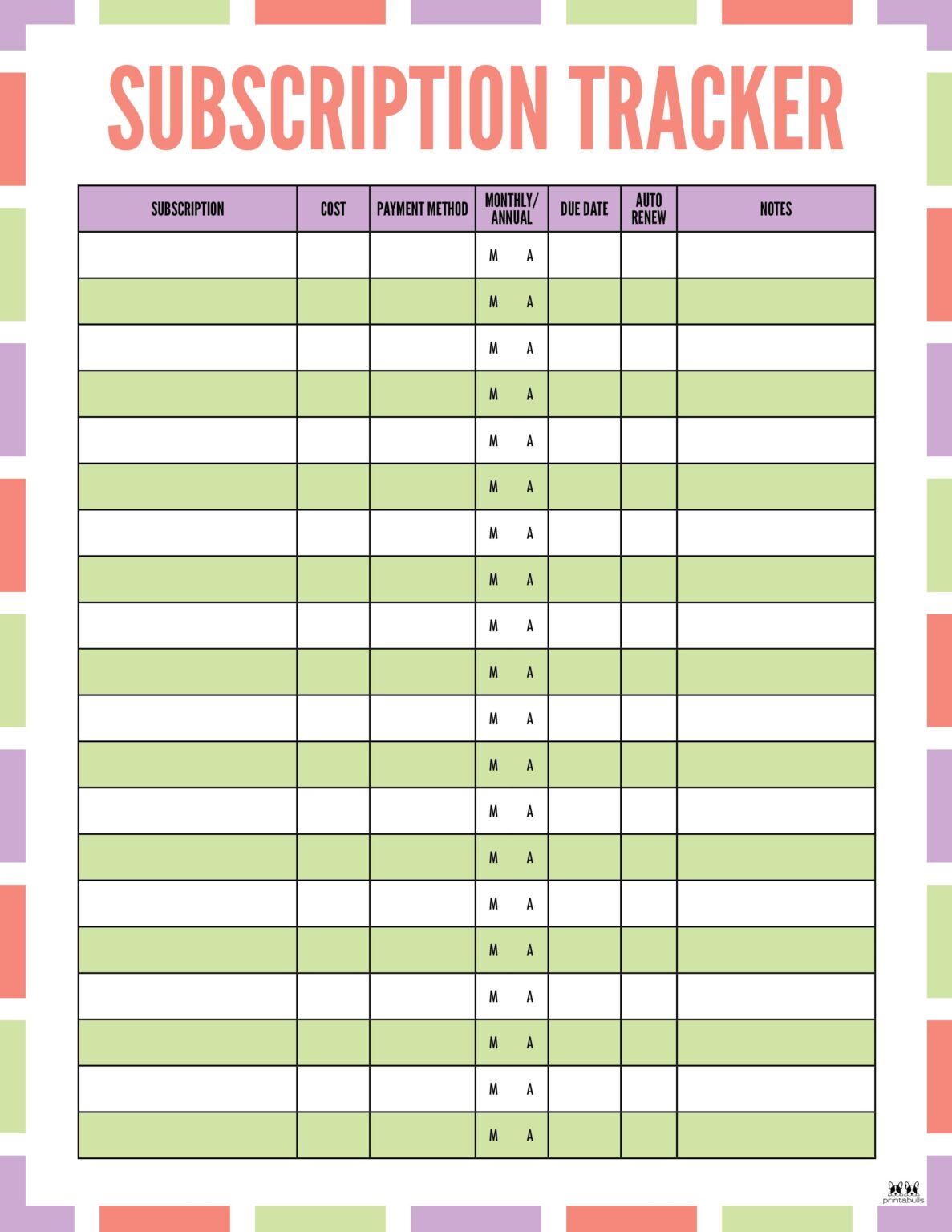 Subscription Trackers - 12 FREE Printables | Printabulls