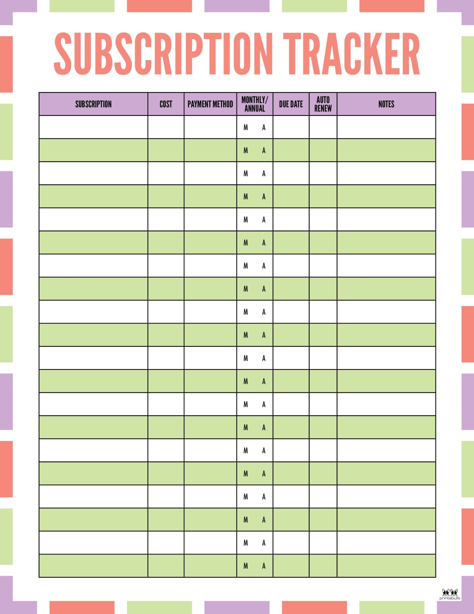 Subscription Trackers - 12 FREE Printables | Printabulls