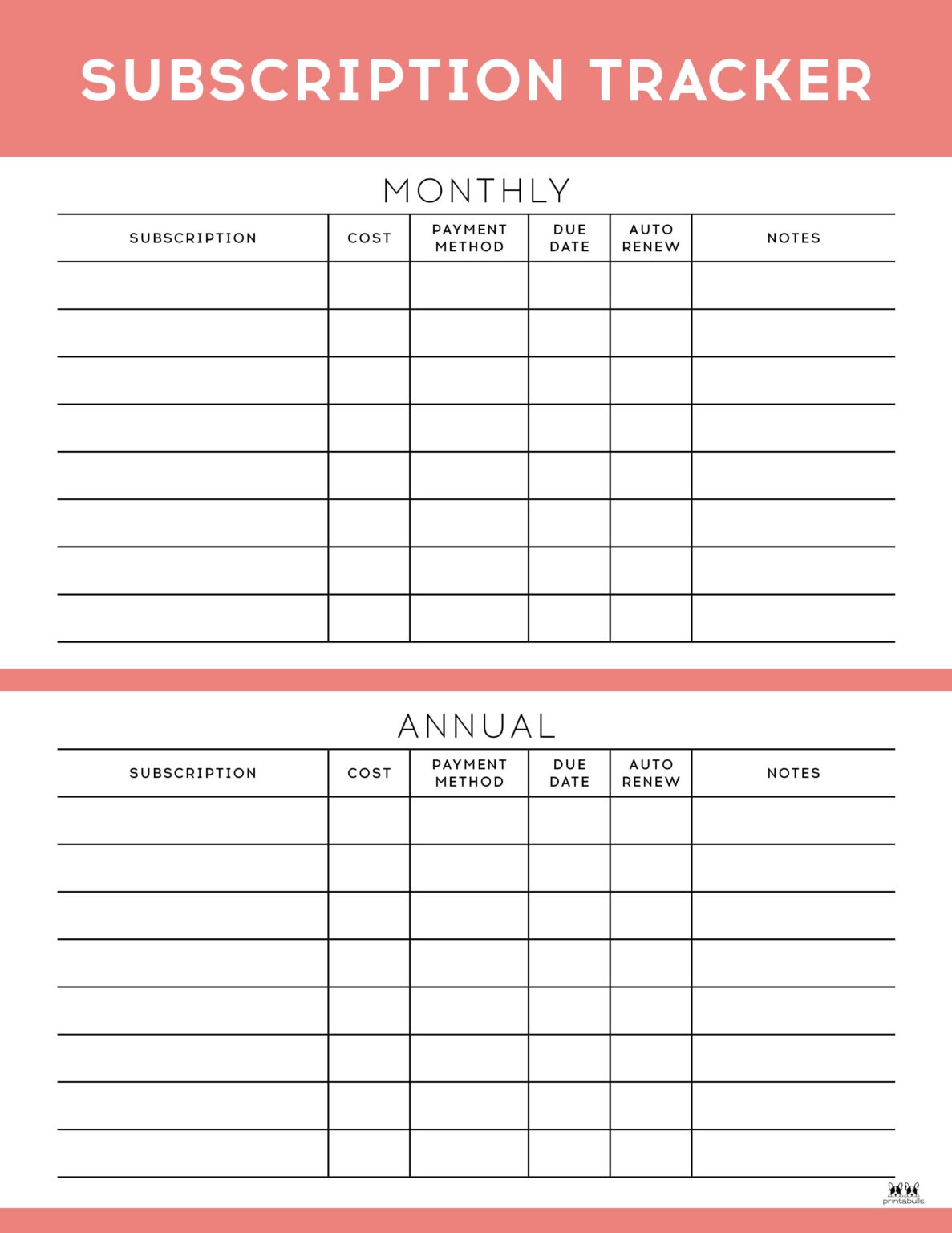 Subscription Trackers - 12 FREE Printables | Printabulls