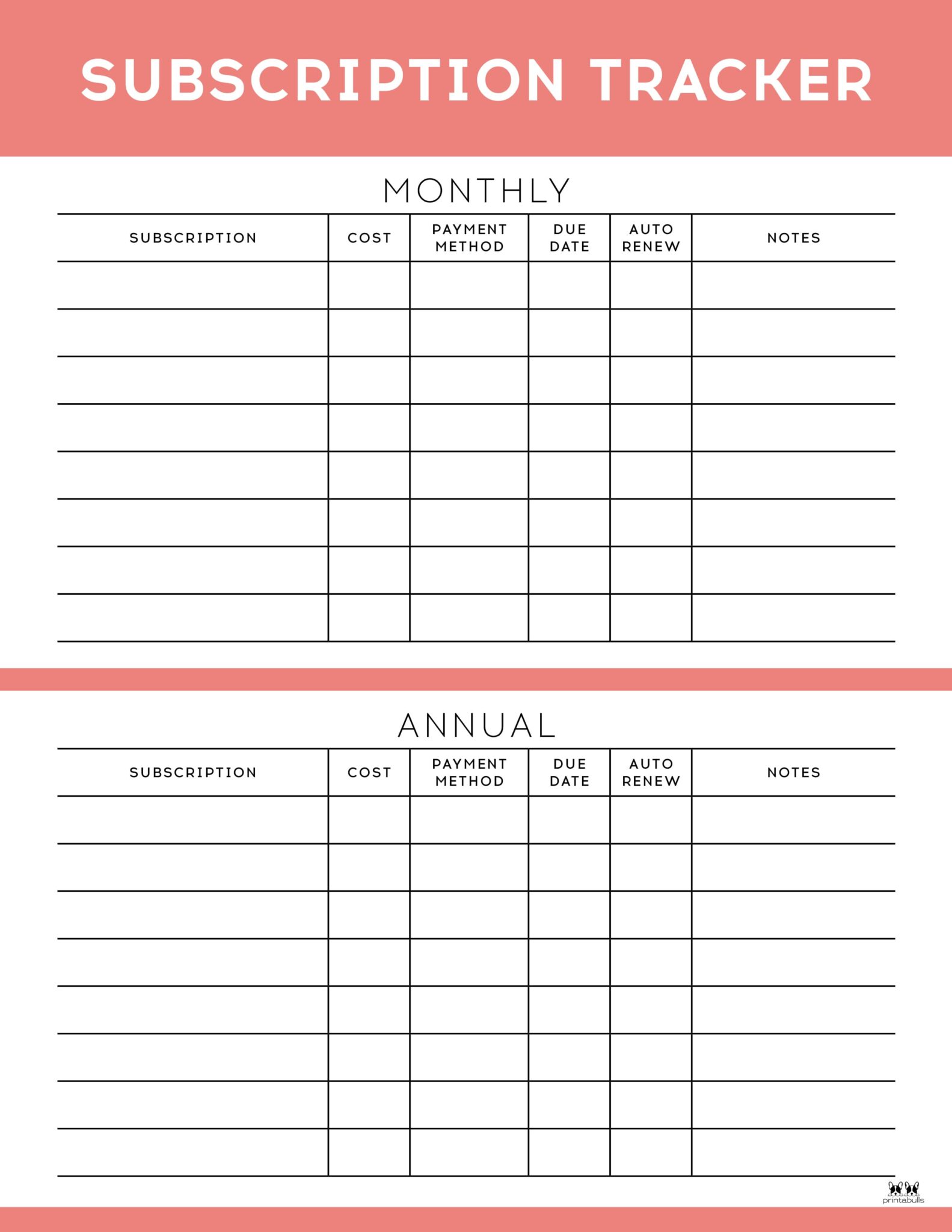 Subscription Trackers - 12 FREE Printables | Printabulls