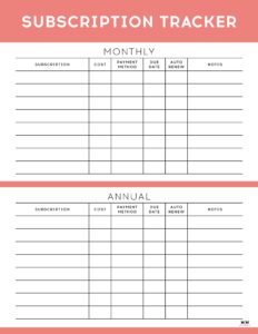 Subscription Trackers - 12 FREE Printables | Printabulls