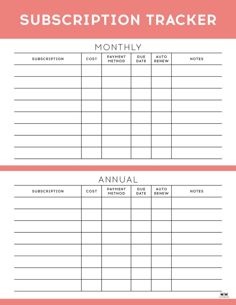 Subscription Trackers - 12 FREE Printables | Printabulls