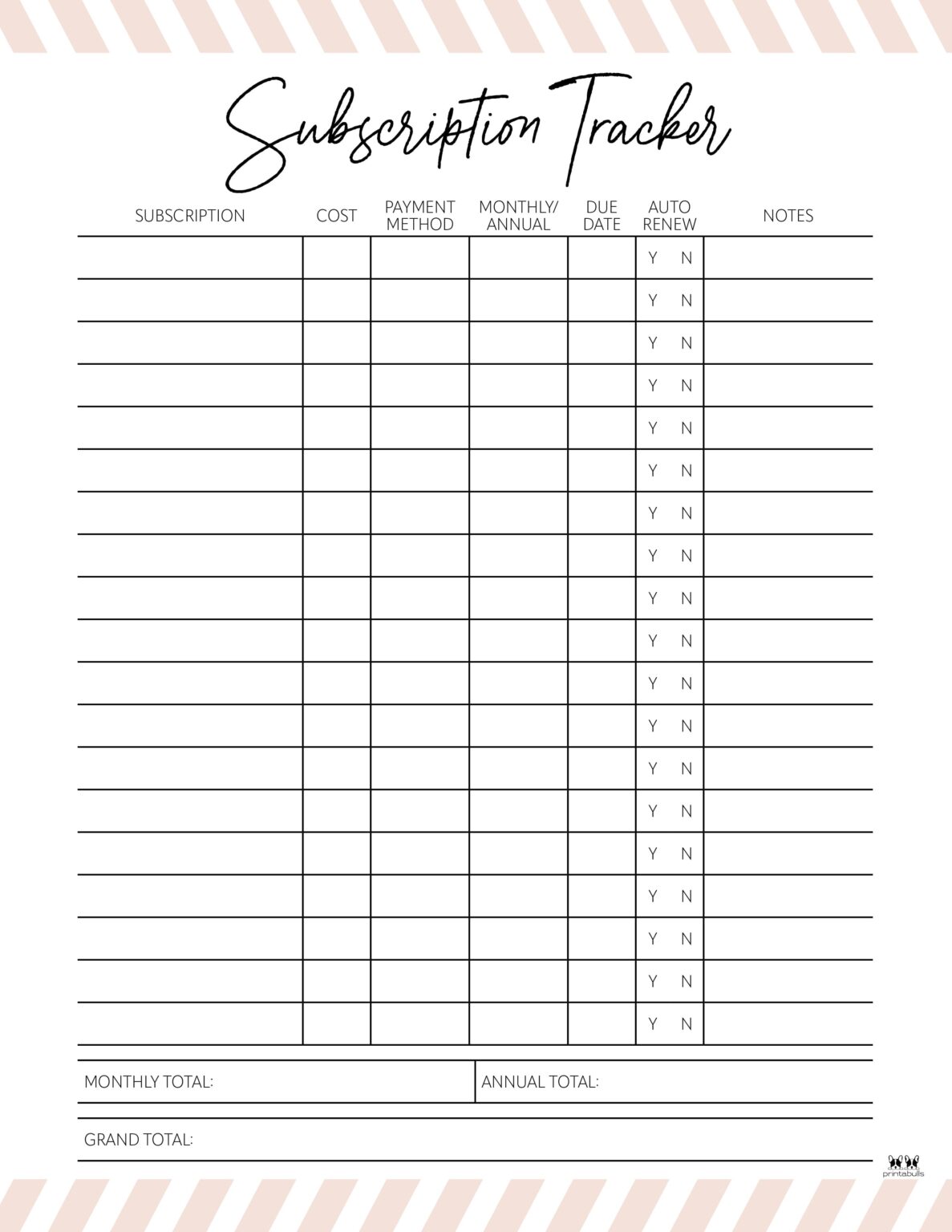 Subscription Trackers - 12 FREE Printables | Printabulls