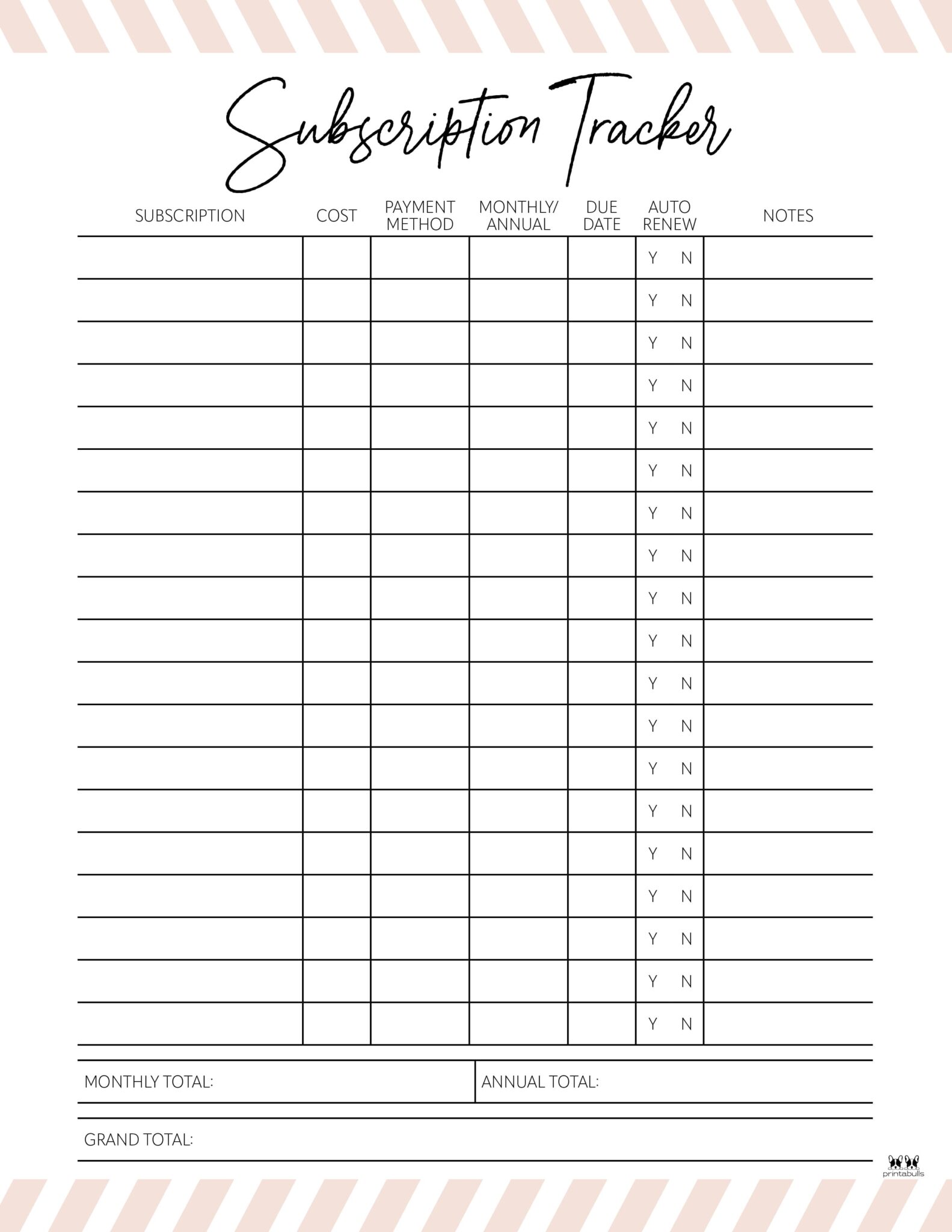 Subscription Trackers - 12 FREE Printables | Printabulls