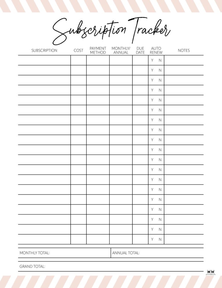 Subscription Trackers - 12 FREE Printables | Printabulls