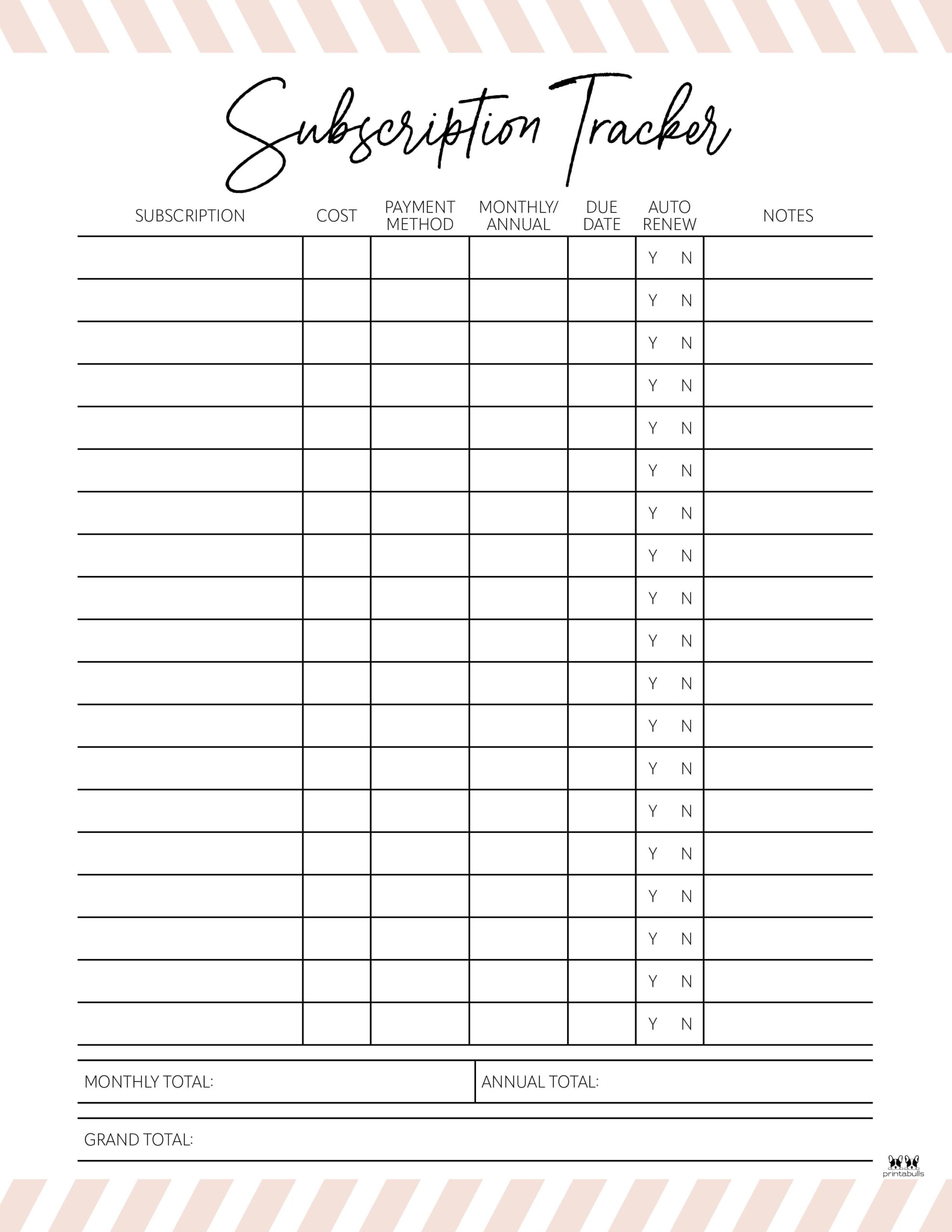 Subscription Trackers - 12 FREE Printables | Printabulls