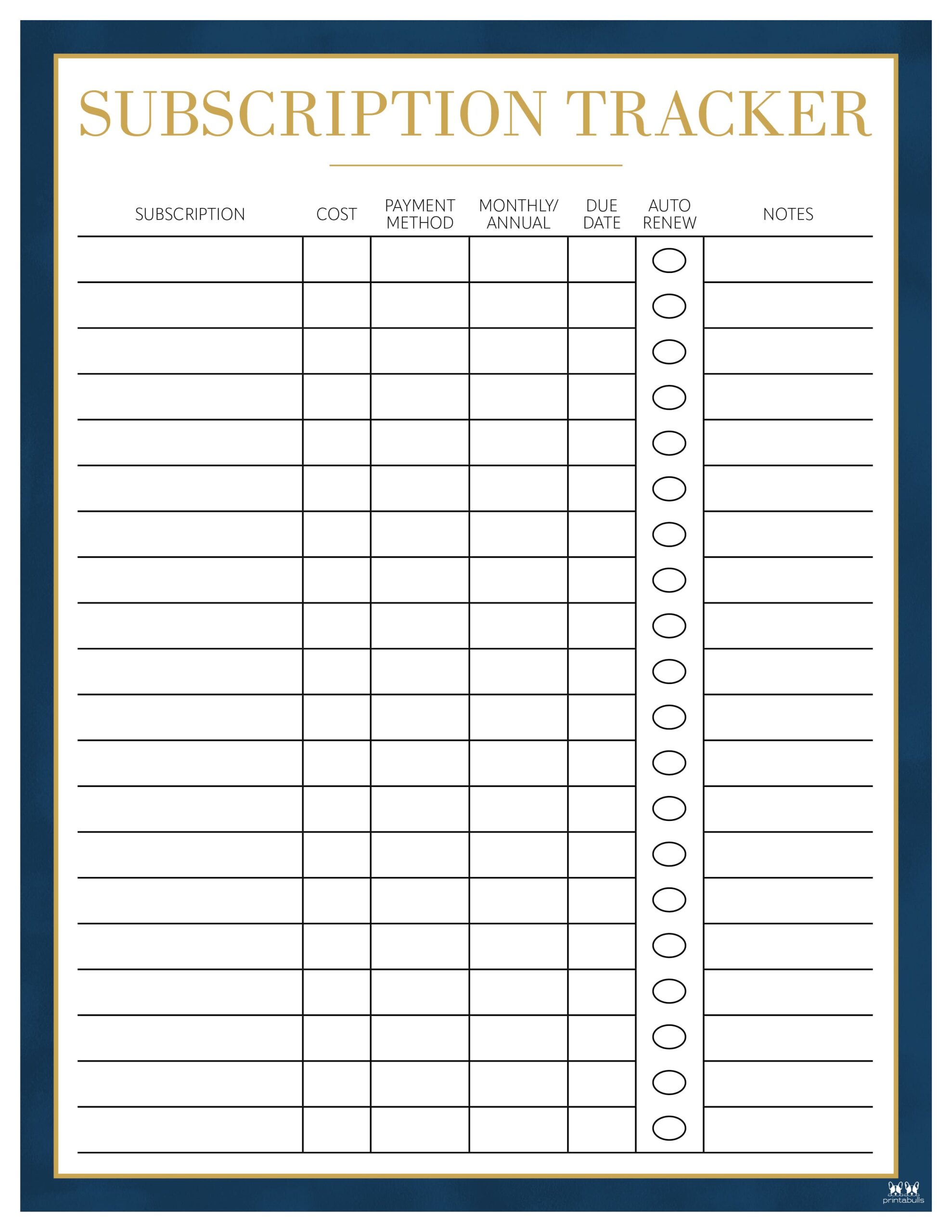 Subscription Trackers - 12 FREE Printables | Printabulls