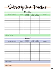 Subscription Trackers - 12 FREE Printables | Printabulls