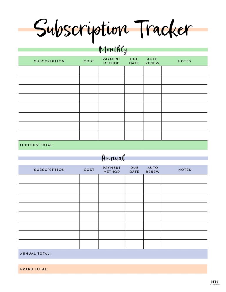 Subscription Trackers - 12 FREE Printables | Printabulls
