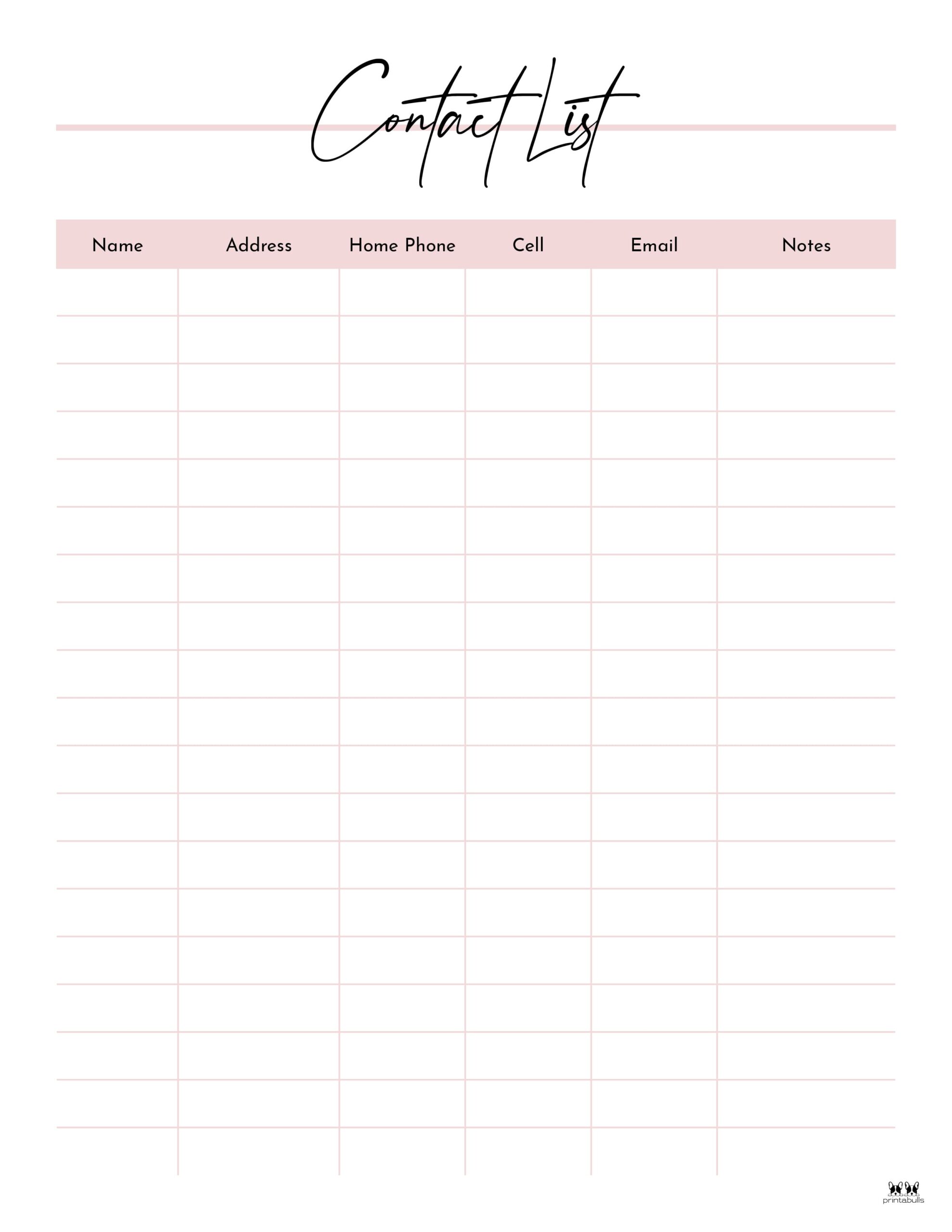 Contact List Templates - 20 FREE Printables | Printabulls