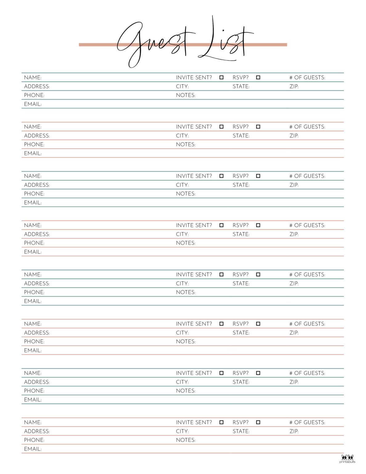 Guest List Templates - 12 FREE Printables | Printabulls