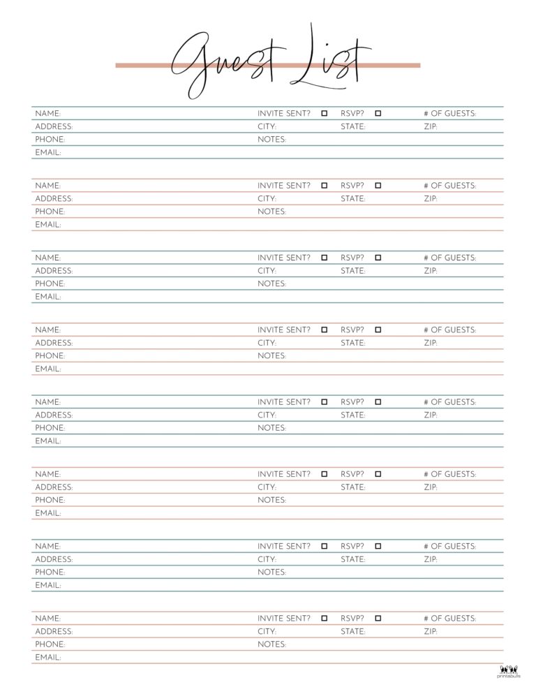 Guest List Templates - 12 FREE Printables | Printabulls