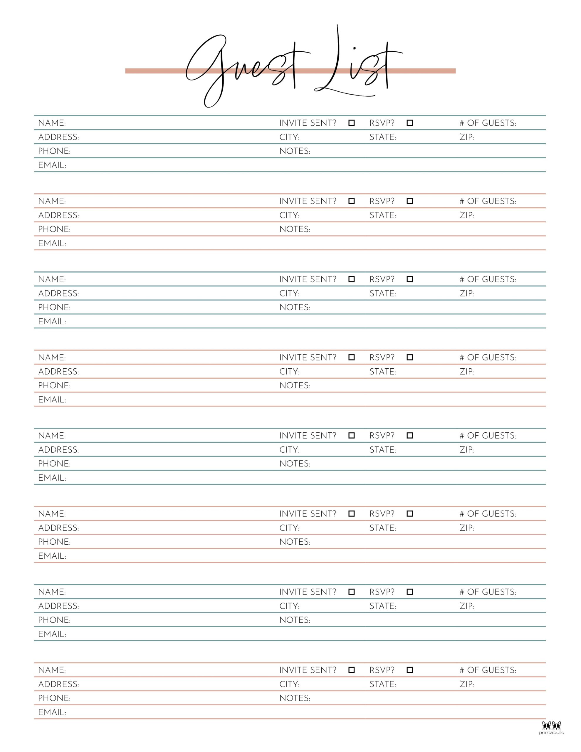 Guest List Templates - 12 FREE Printables | Printabulls
