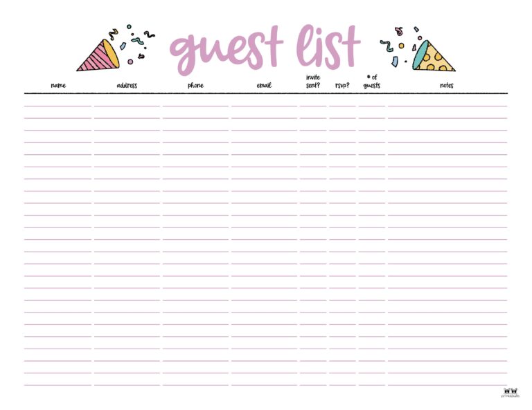 Guest List Templates - 12 FREE Printables | Printabulls