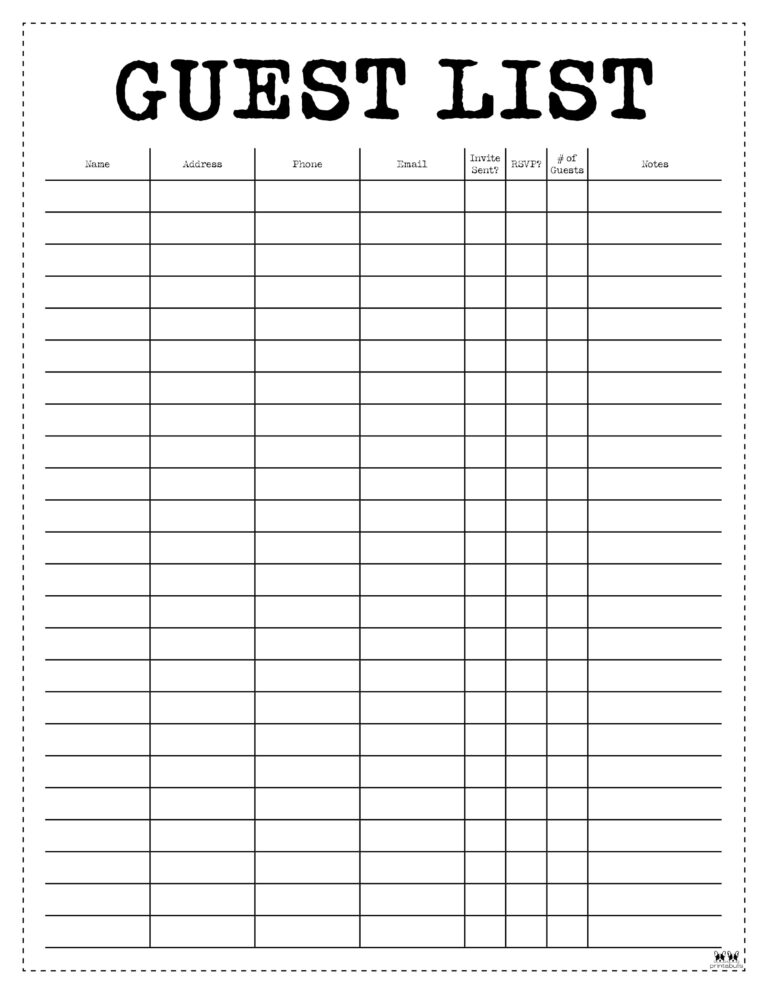 Guest List Templates - 12 FREE Printables - PrintaBulk