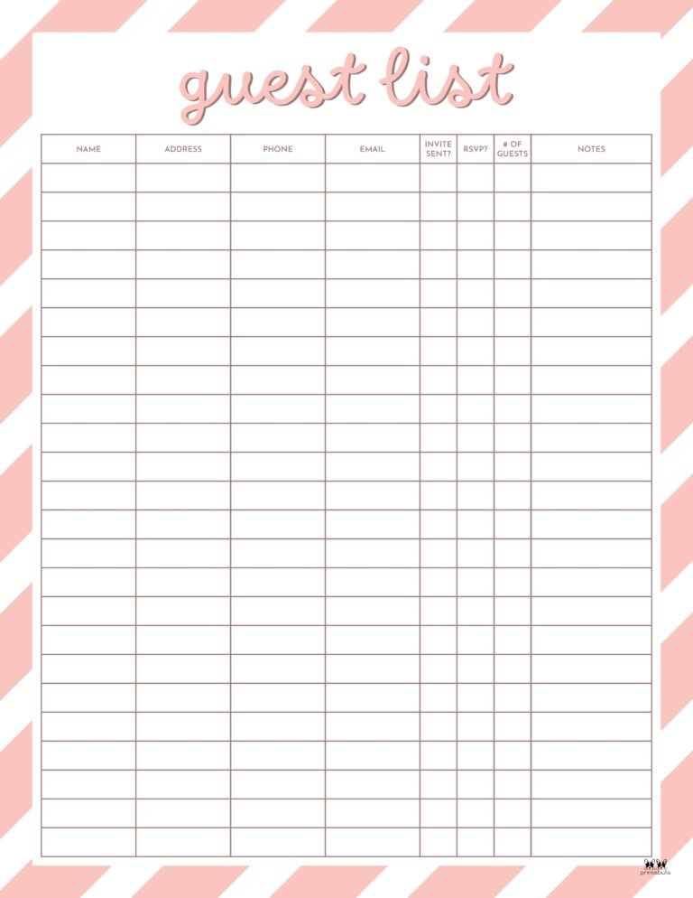 Guest List Templates - 12 FREE Printables | Printabulls