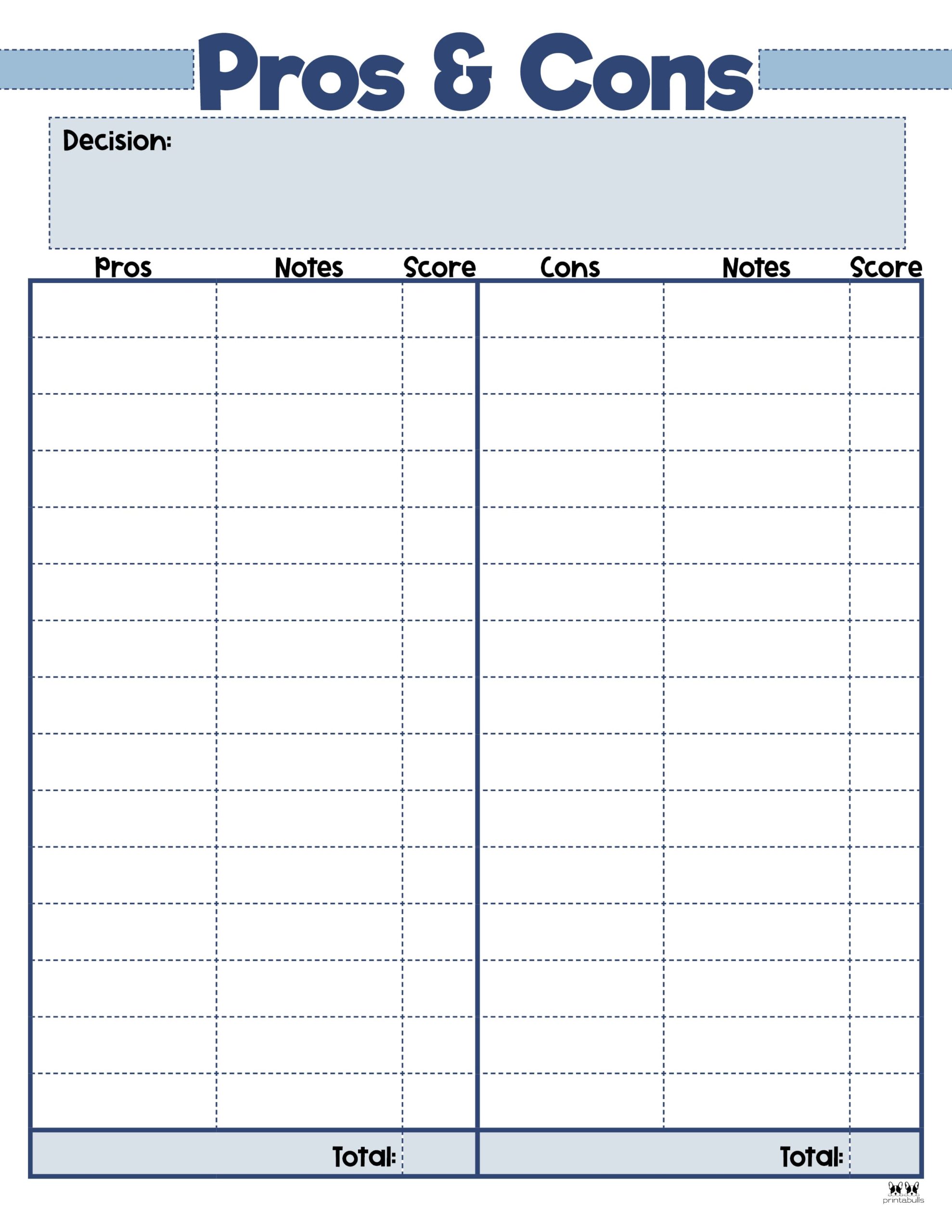 Pros & Cons List Templates - 18 Printables | Printabulls