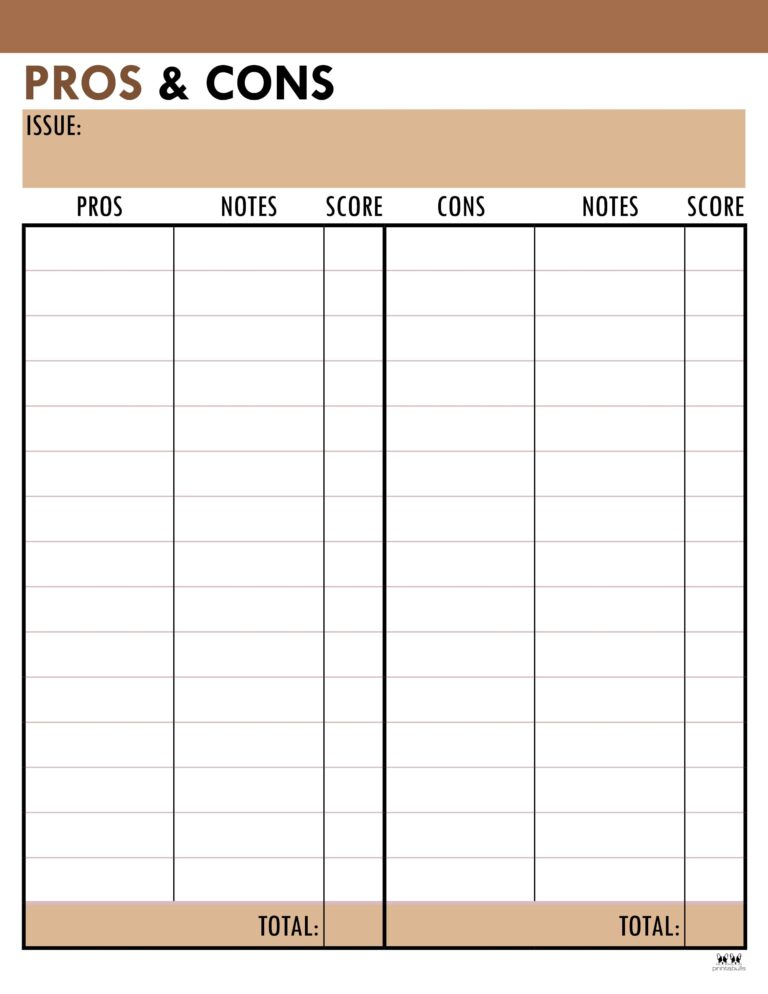 Pros & Cons List Templates - 18 Printables | Printabulls
