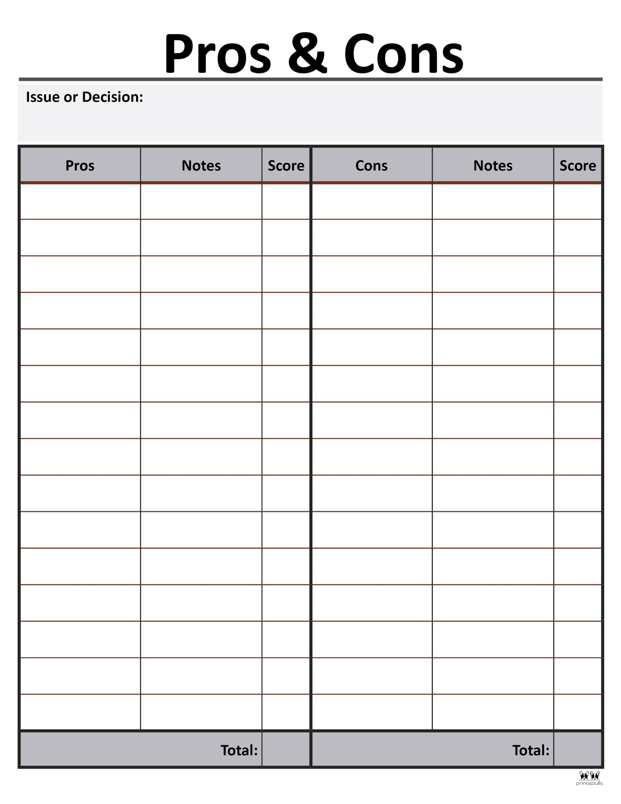 Pros & Cons List Templates - 18 Printables | Printabulls