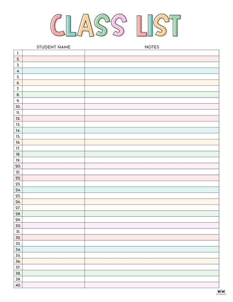 Class List Templates - 12 FREE Printables | Printabulls