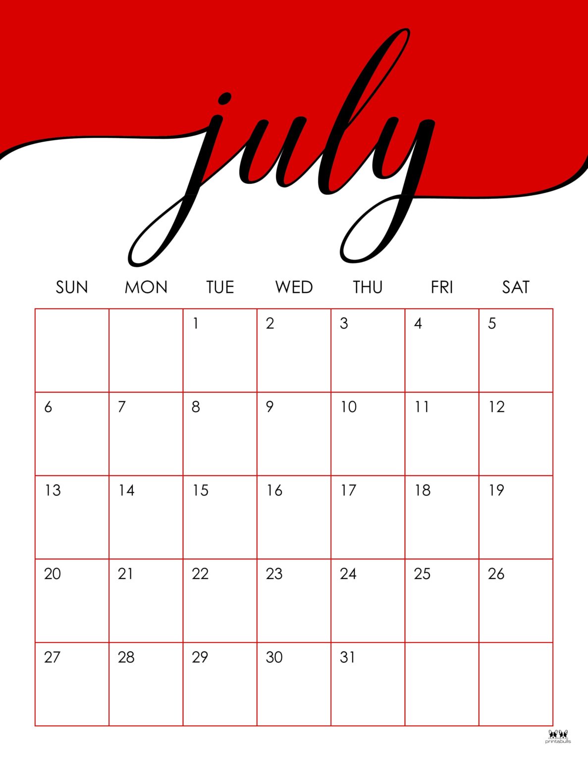July 2025 Calendars - 107 FREE Printables | Printabulls