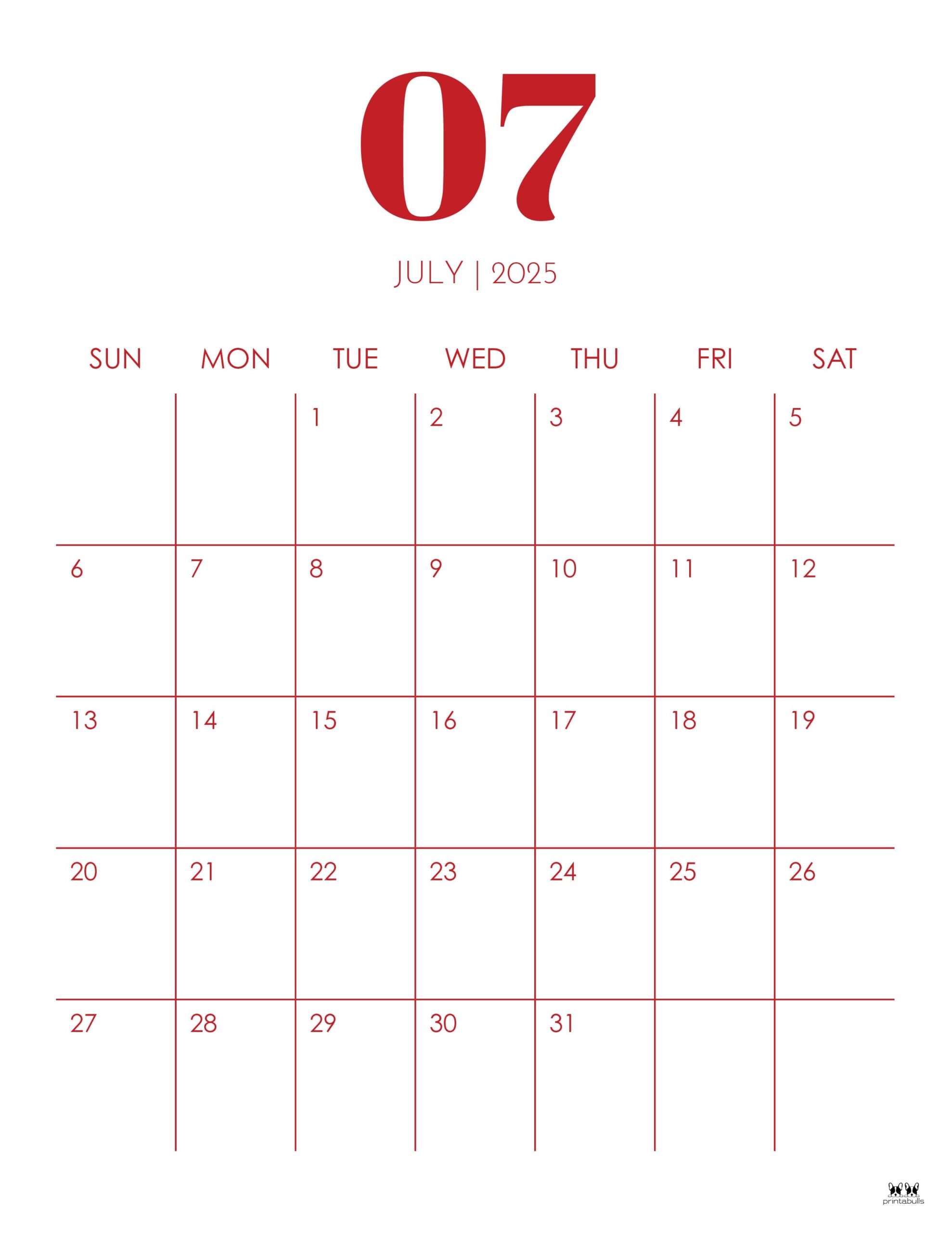 July 2025 Calendars - 107 FREE Printables | Printabulls